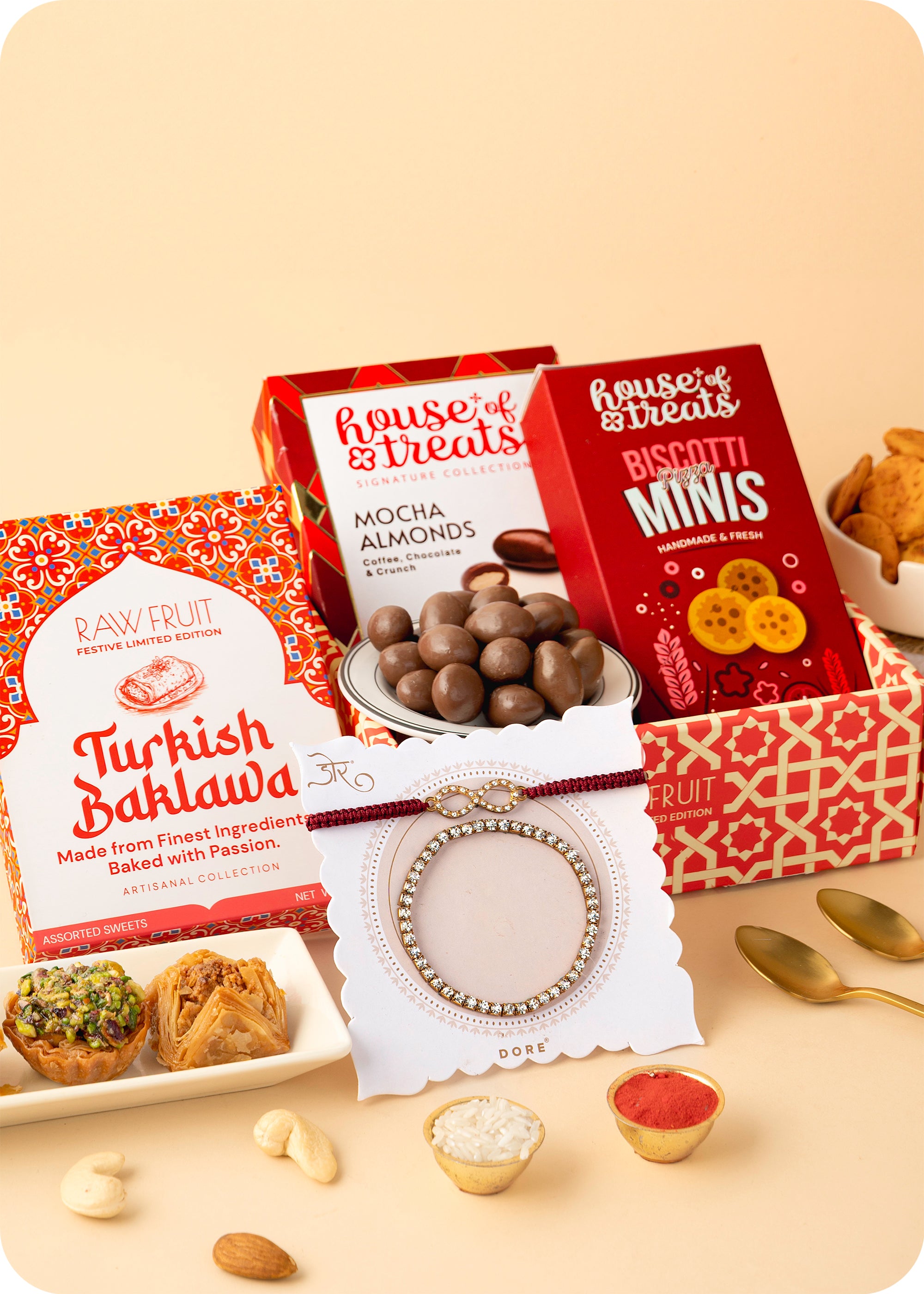Rakhi Gift Hamper Contains : Turkish Baklawa 100gm, Pizza Minis 100gm, Mocha Almonds 90gm and ...