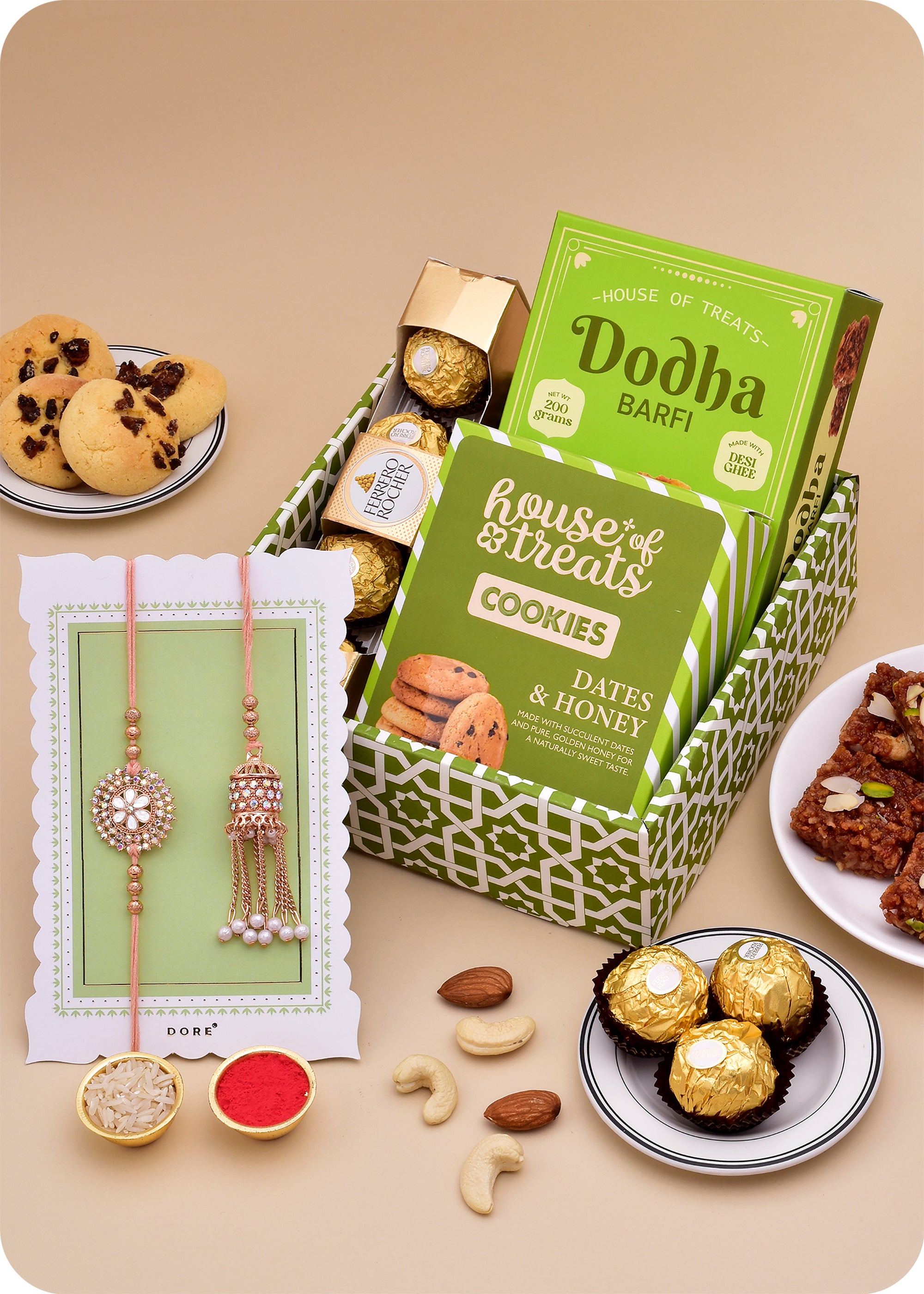 Rakhi Gift Hamper Contains : Dates & Honey Cookies 100gm, Dodha Barfi ...